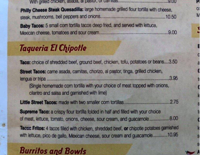 Menu at El Chipotle Mexican & American Food restaurant, Arcata
