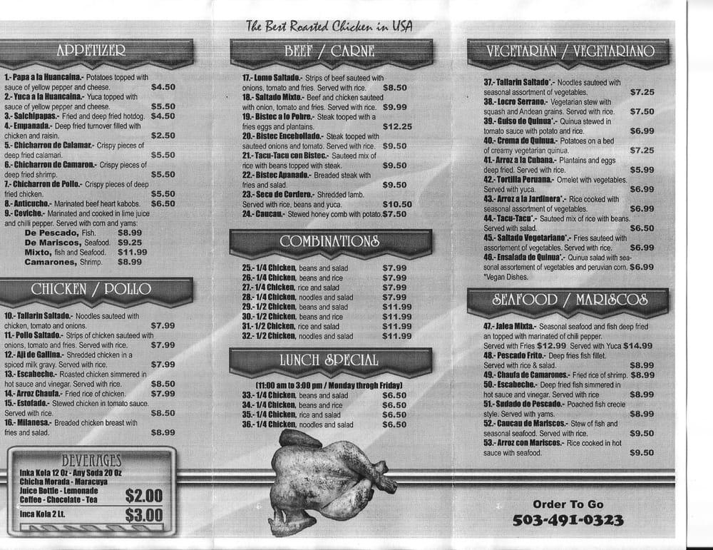 Menu at El Inka Peruvian Cuisine restaurant, Portland, SE Division St