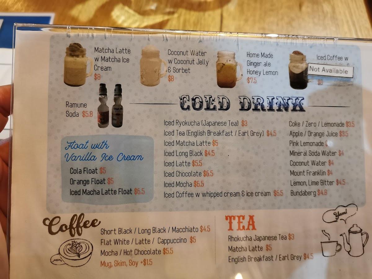 Menu at Four Cinq cafe, Cairns City