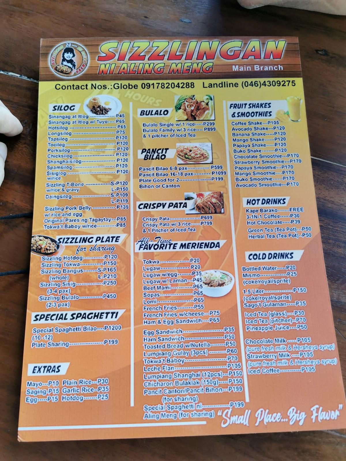 Menu at Sizzlingan ni Aling Meng restaurant, Tagaytay, 237 Emilio ...