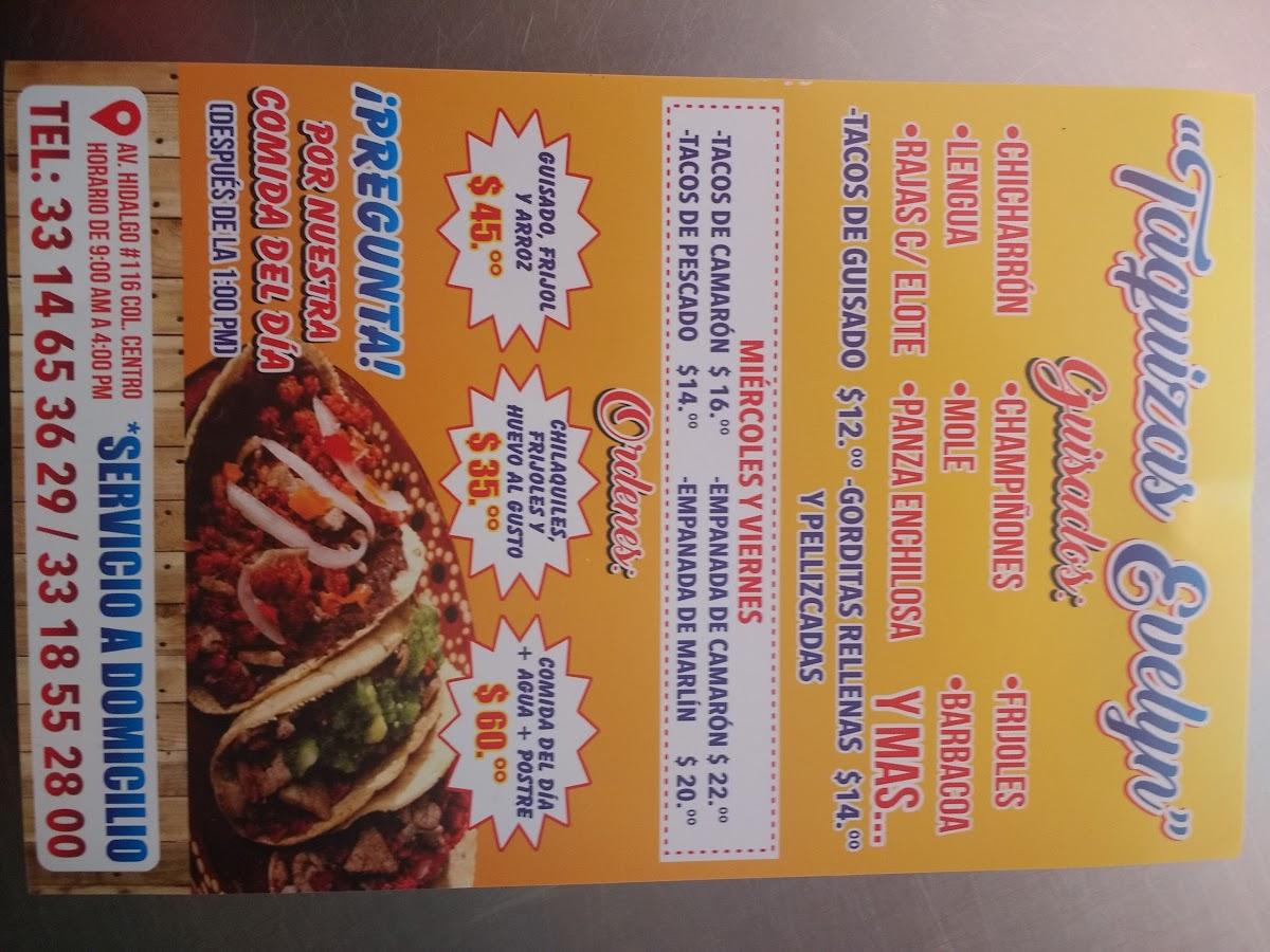 Menu at Taquizas Evelyn restaurant, Guadalajara