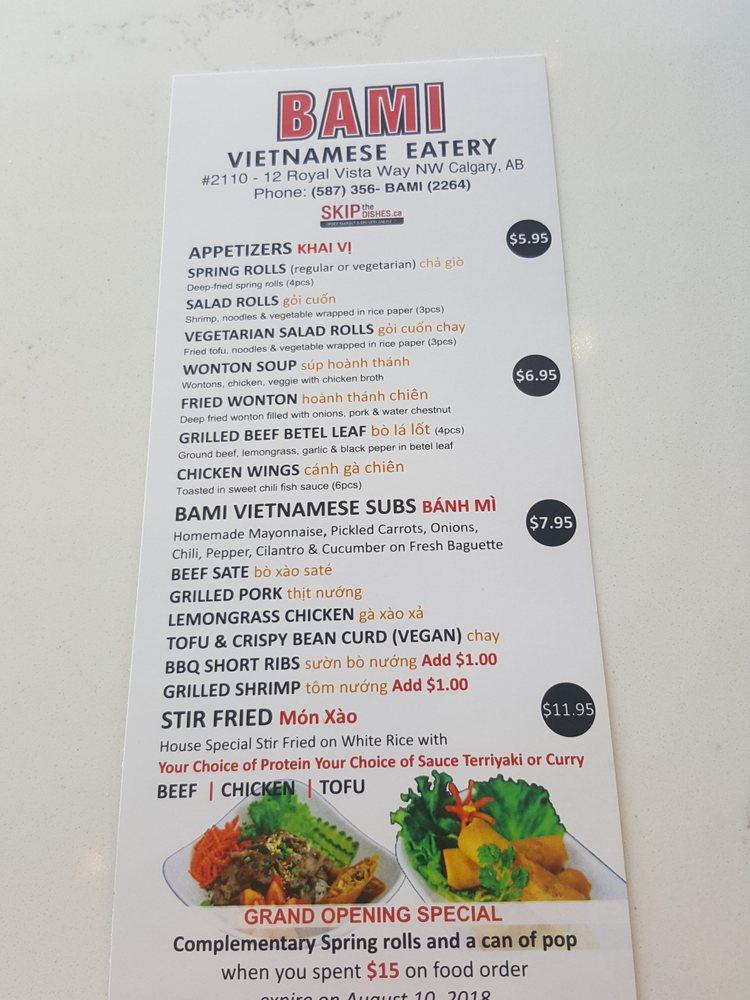 Menu at BAMI Vietnamese Eatery restaurant, Calgary