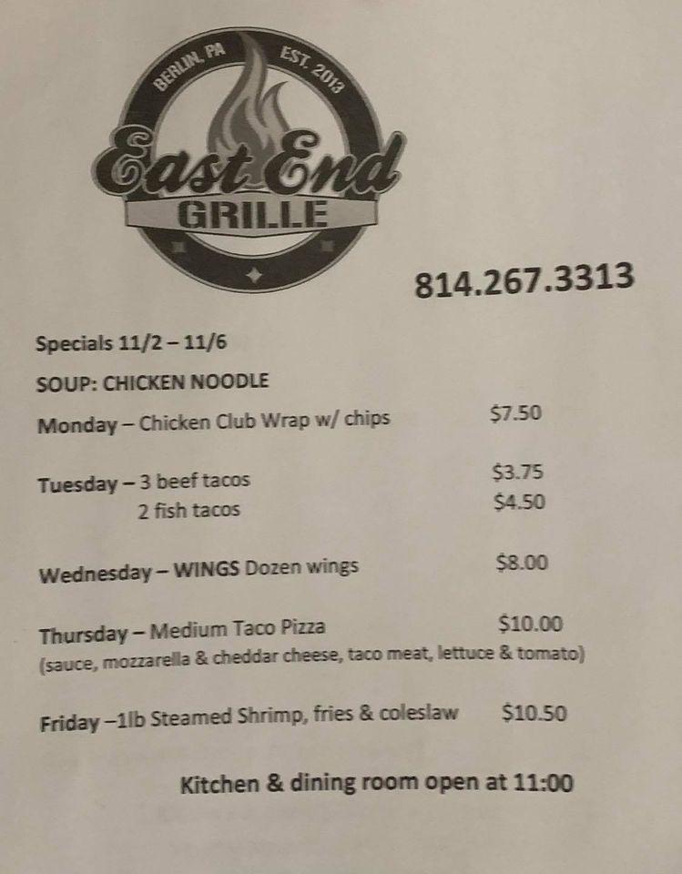 Menu at East End Grille pub & bar, Berlin, Main St