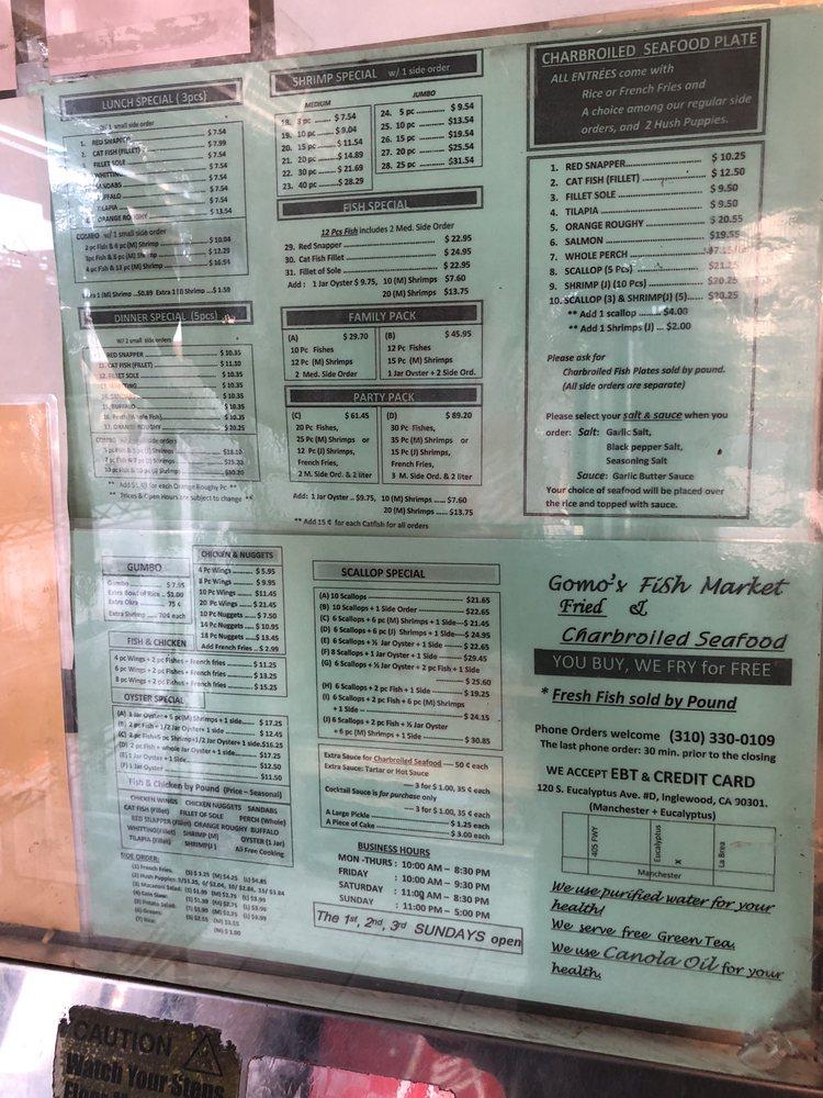 Menu at Gomo's Fish Market restaurant, Inglewood