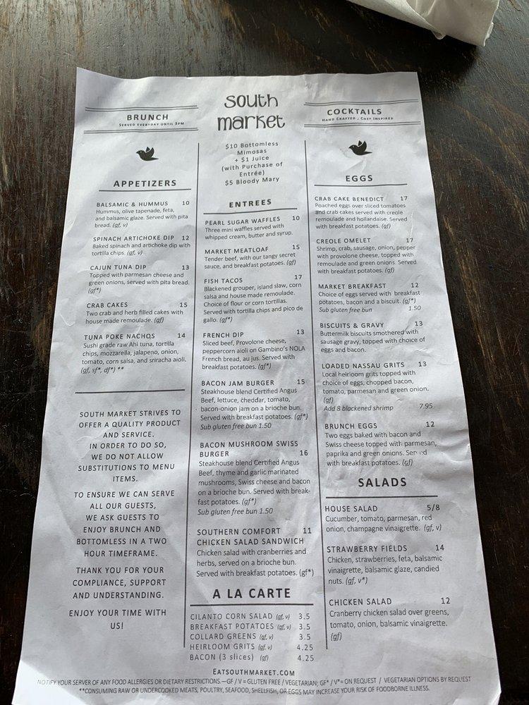 Menu at South Market restaurant, Pensacola
