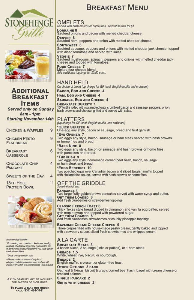 Menu at Stonehenge Grille restaurant, Fairfield Glade, 222 Fairfield Blvd