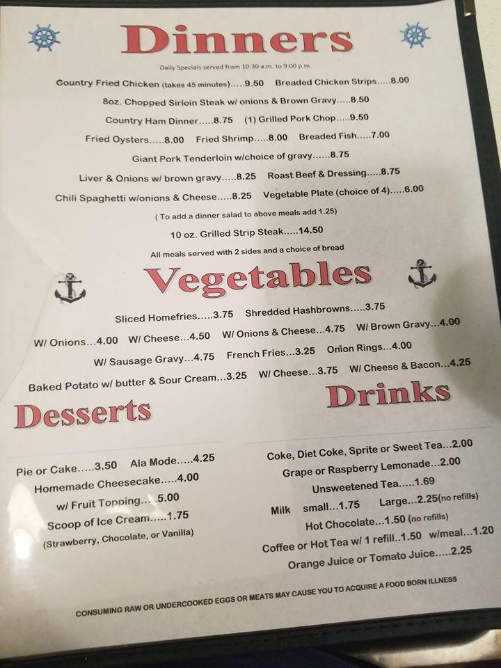 Menu at Anchor Grill restaurant, Covington