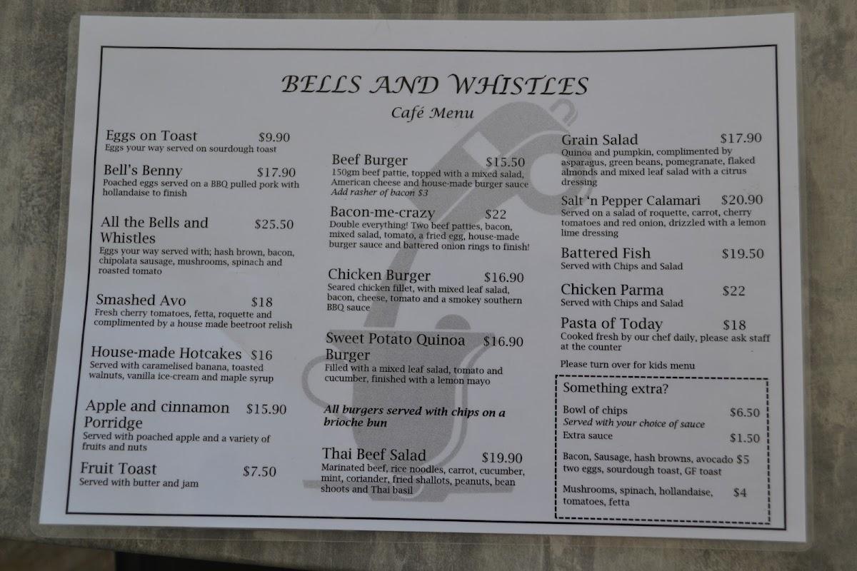 Menu at Bells and Whistles Cafe, Burwood