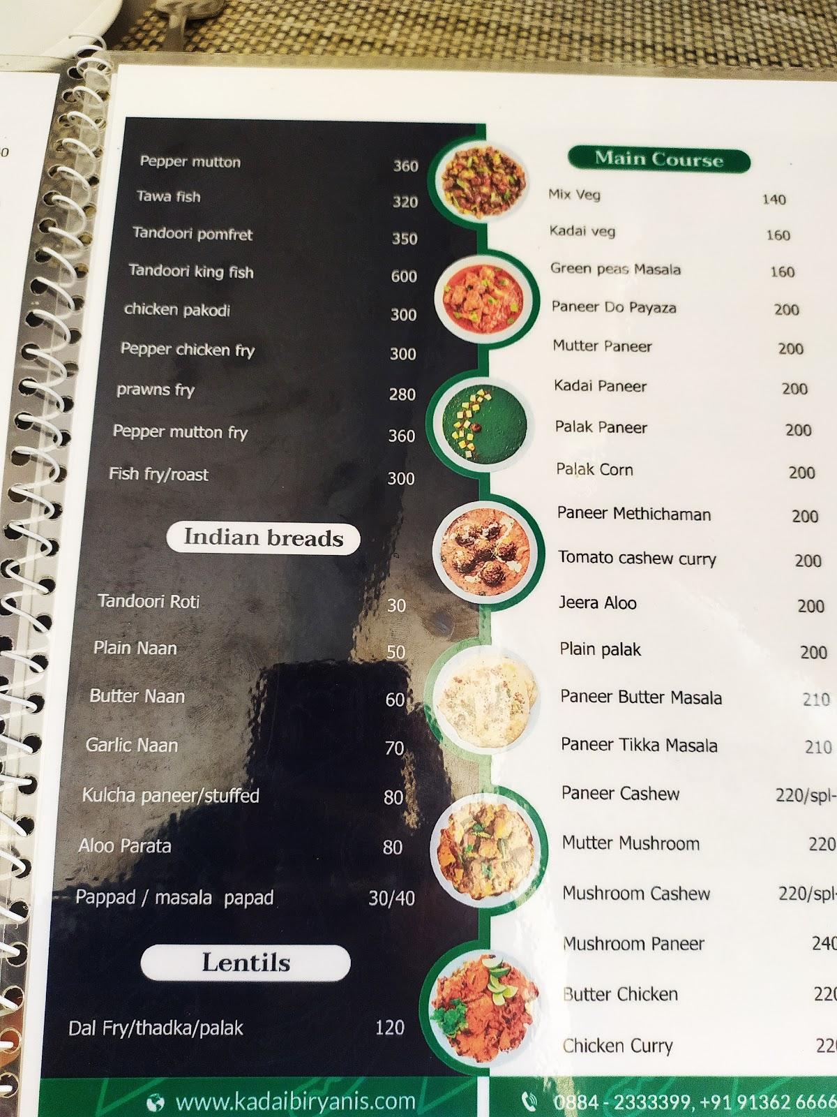 Menu at Kadai Biryanis, Kakinada, 67-1-1/2