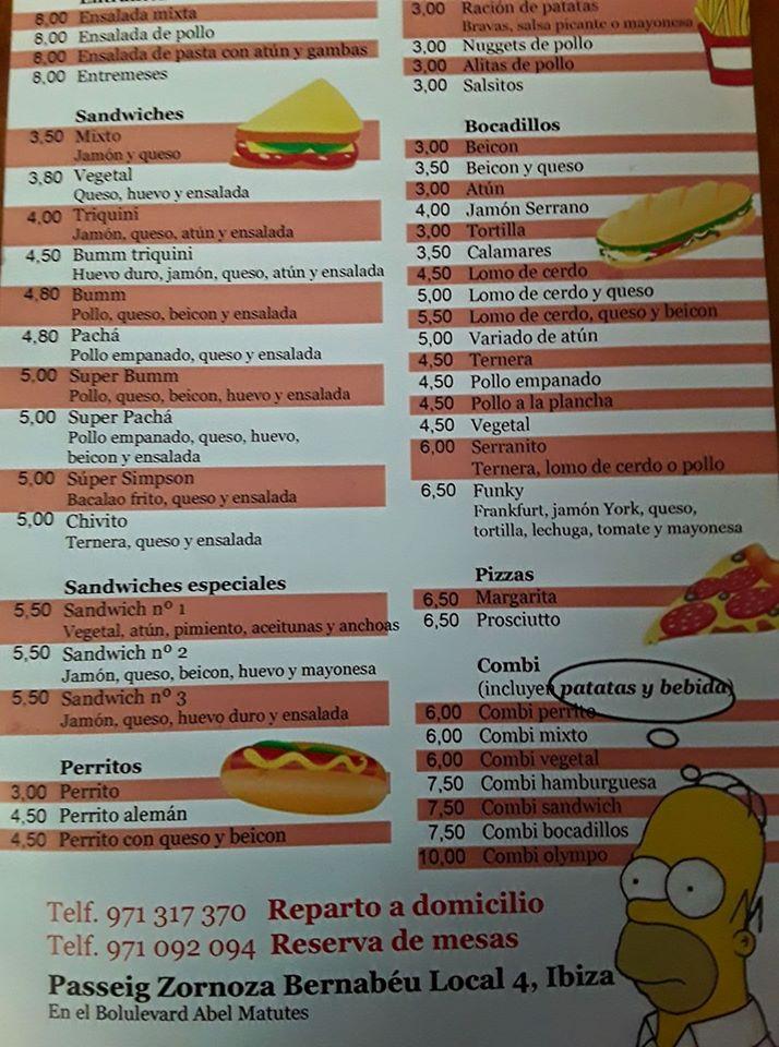 Menu at Los Simpson restaurant, Ibiza