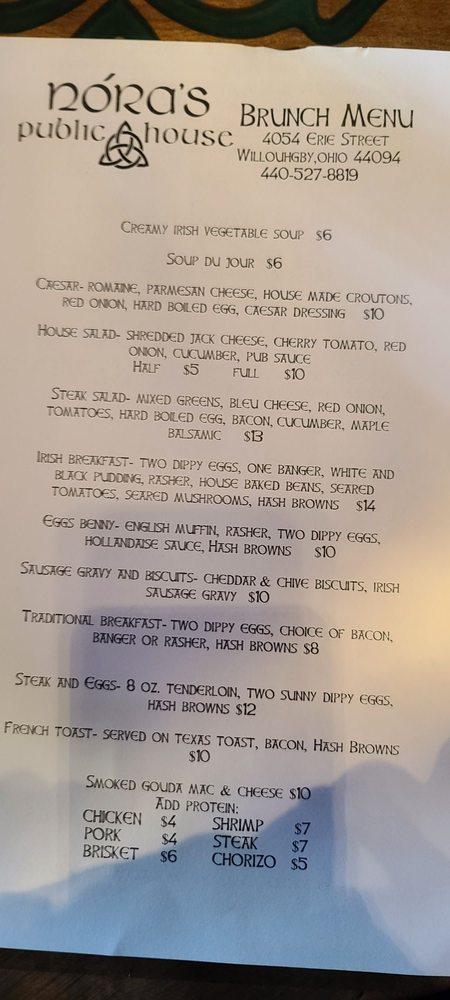 Menu at Nora's Public House, Willoughby