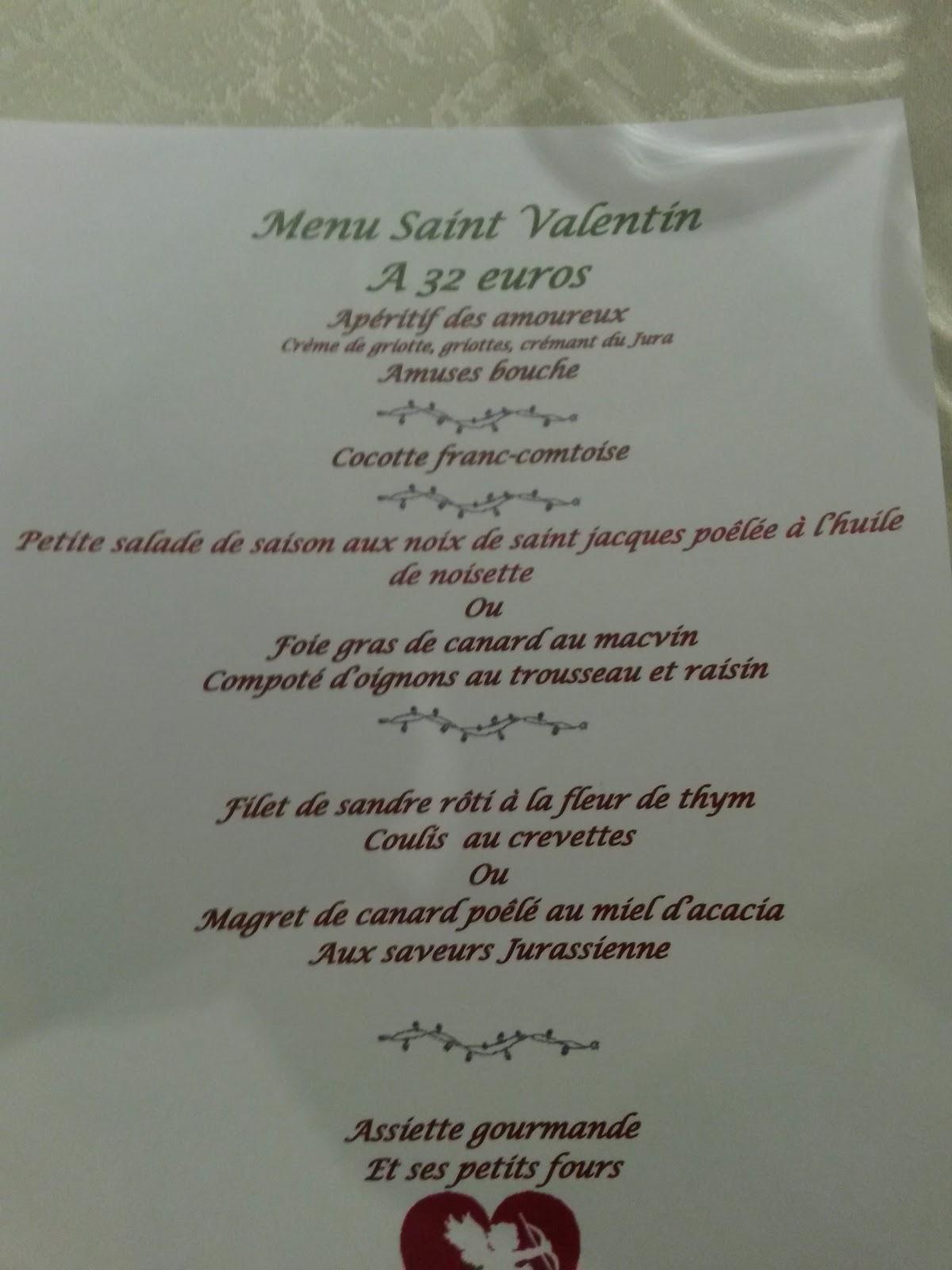 Menu au restaurant de la cloche, Bletterans