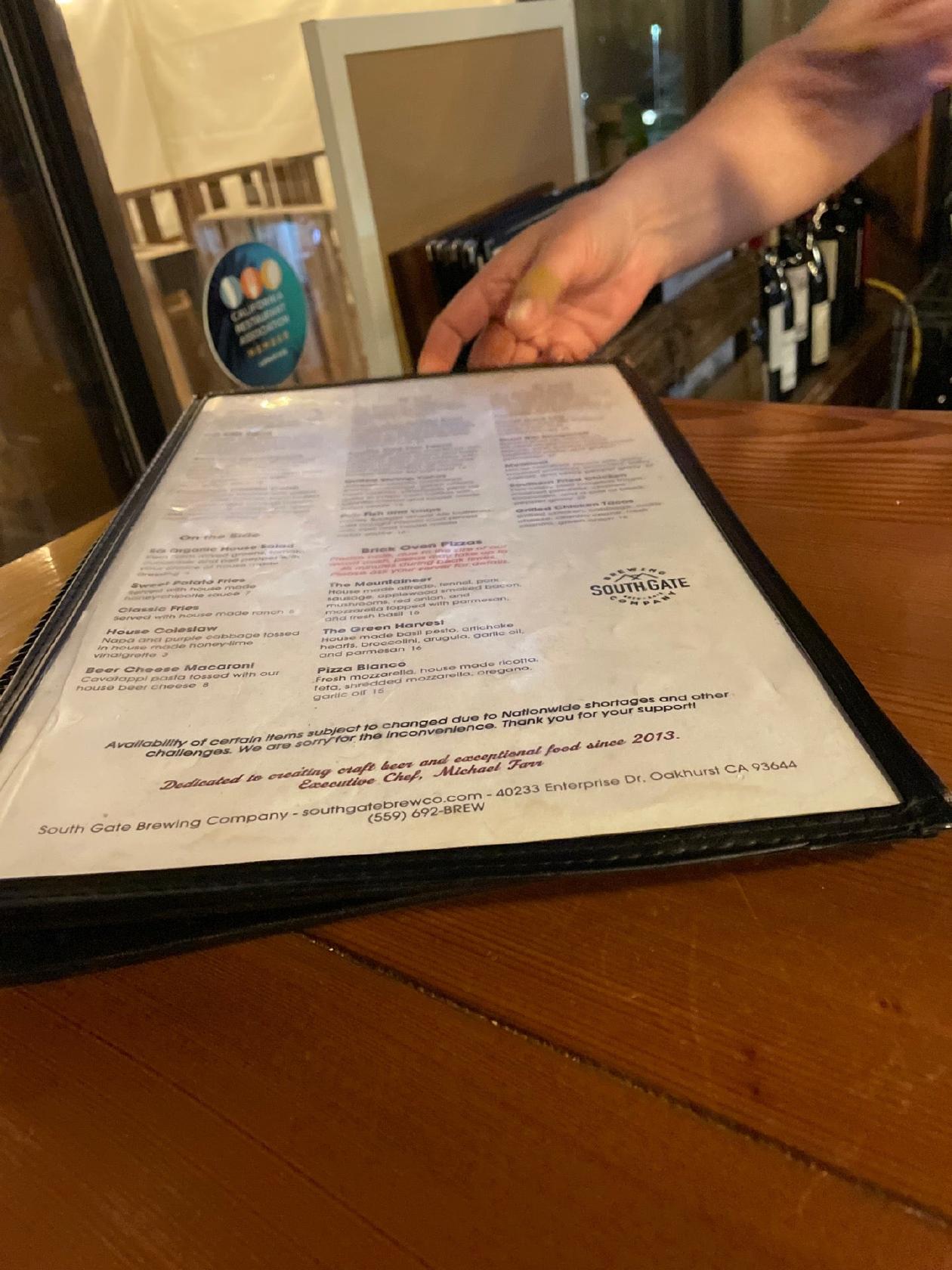 Menu at South Gate Brewing Company pub & bar, Oakhurst