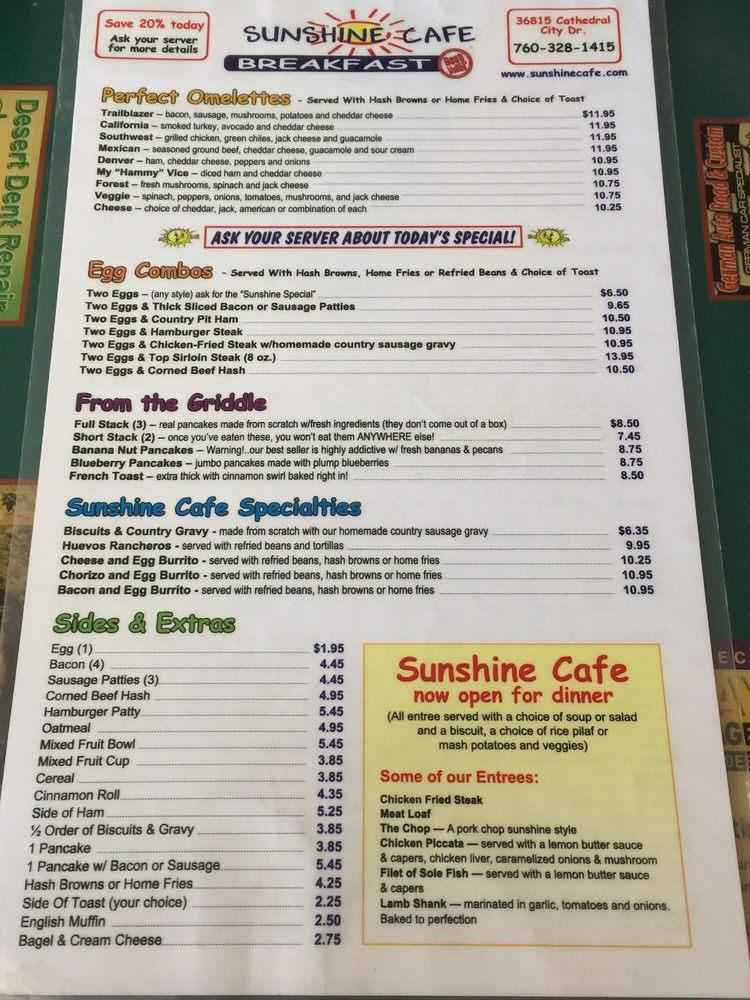 Menu at Sunshine Cafe, Cathedral City, Cathedral Canyon Dr