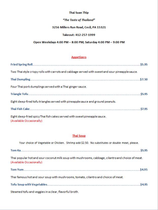 Menu at Thai Suan Thip restaurant, Cecil-Bishop
