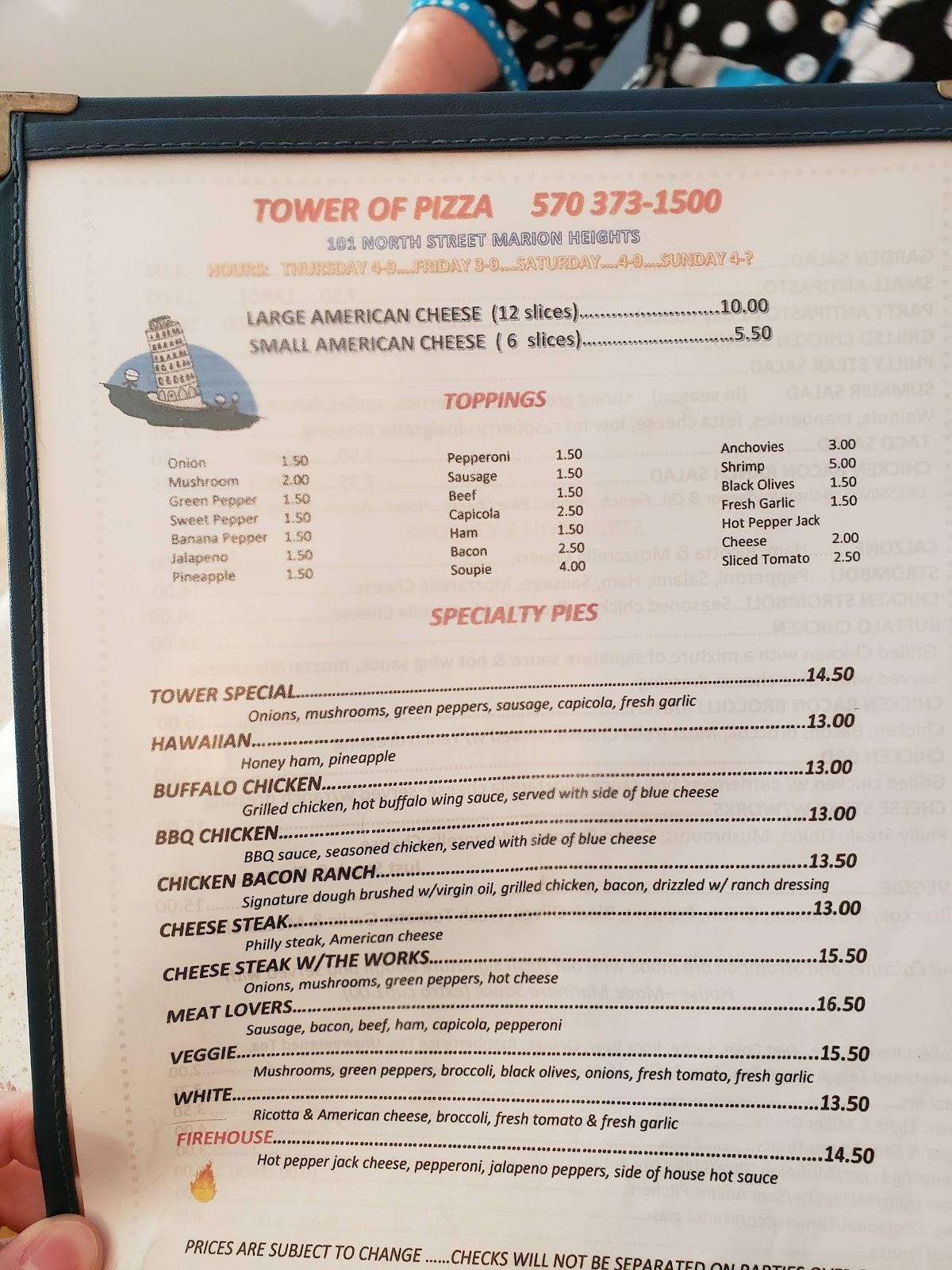 Menu at Tower of Pizza pizzeria, Marion Heights