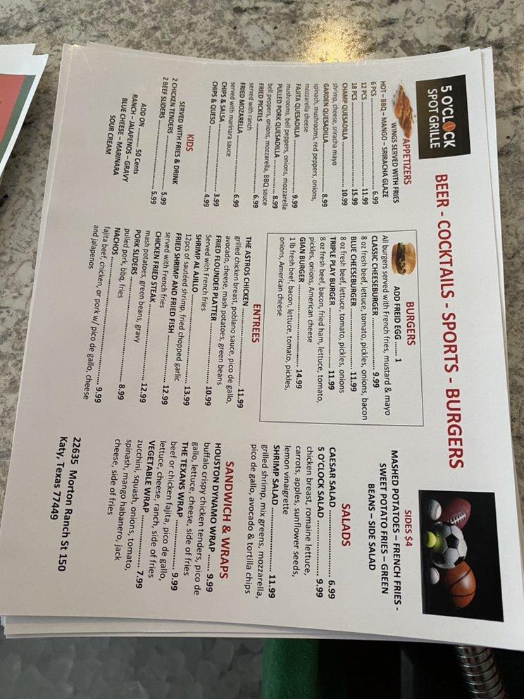 Menu at 5 O'clock spot grille pub & bar, Katy