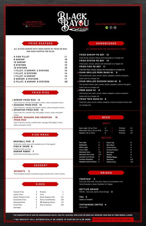 Menu at Black Bayou restaurant, Baytown