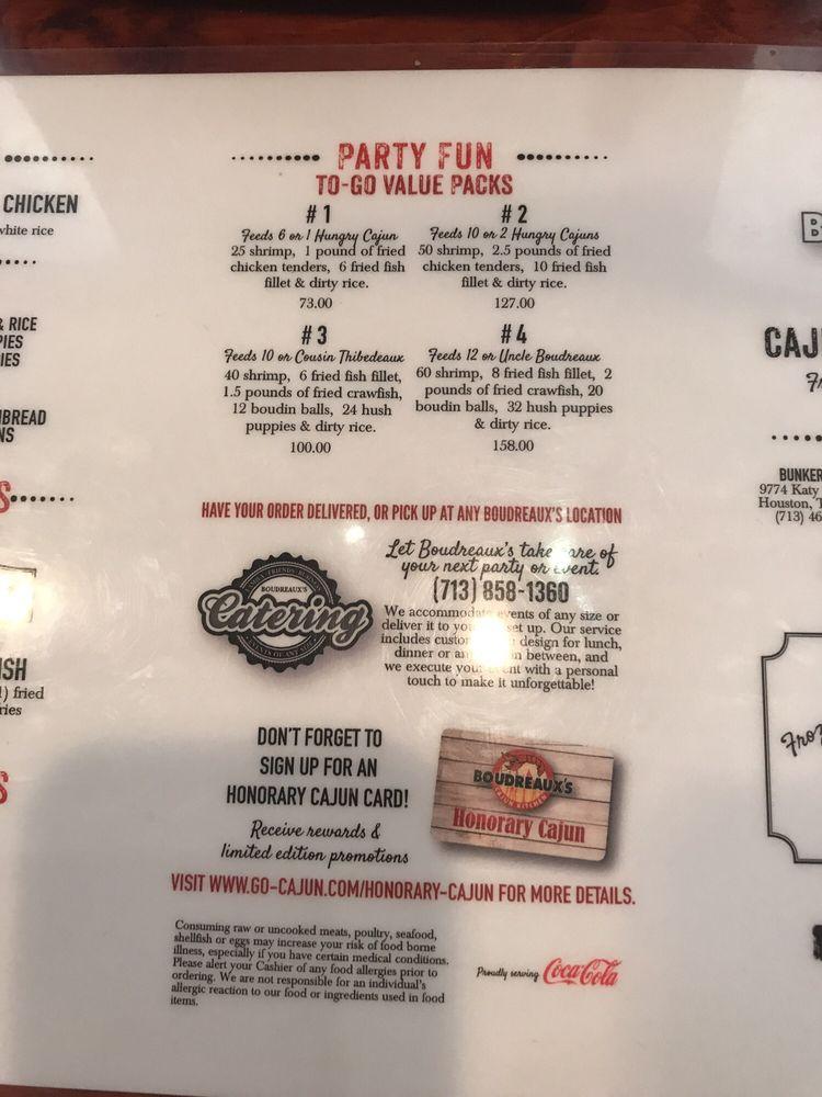 Menu at Boudreaux's Cajun Kitchen restaurant, Houston, 100 Gulfgate Mall