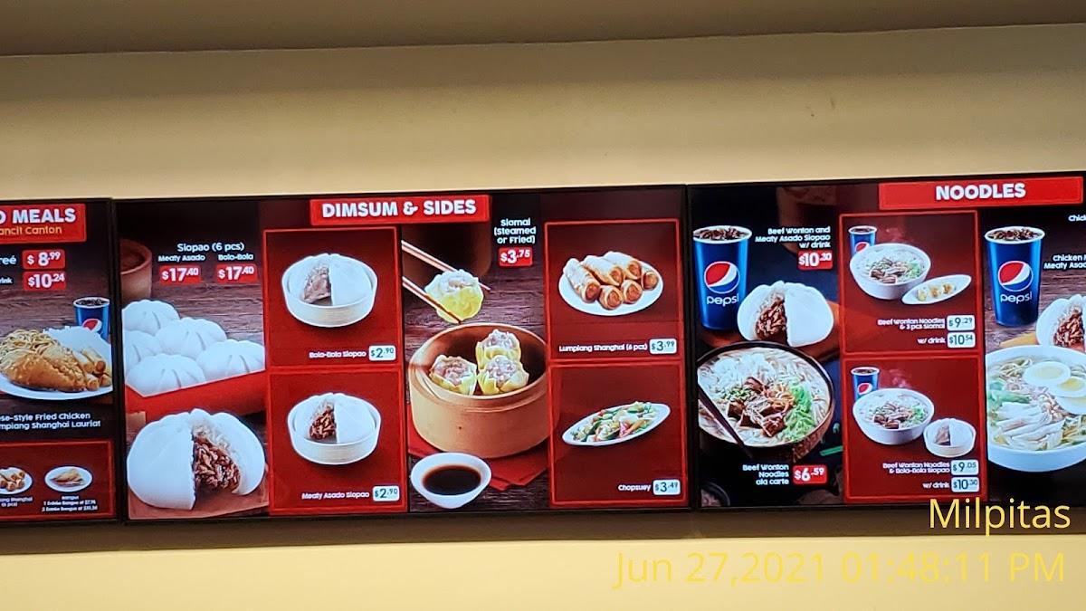 Menu at Chowking fast food, Milpitas