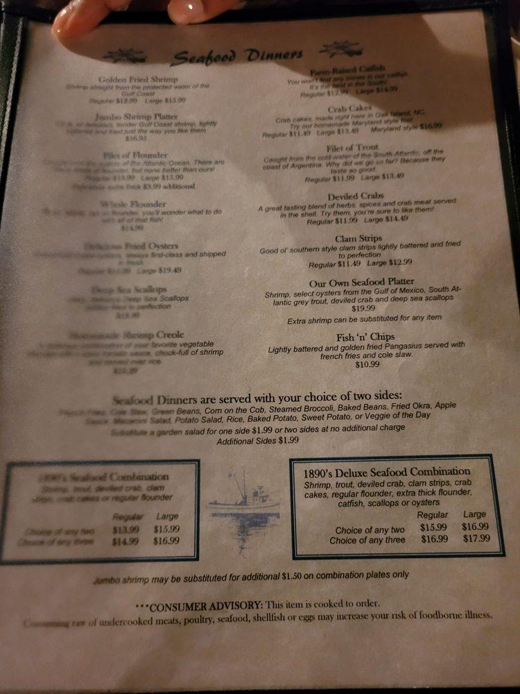 Menu at Friday's 1890 Seafood & BBQ, New Bern
