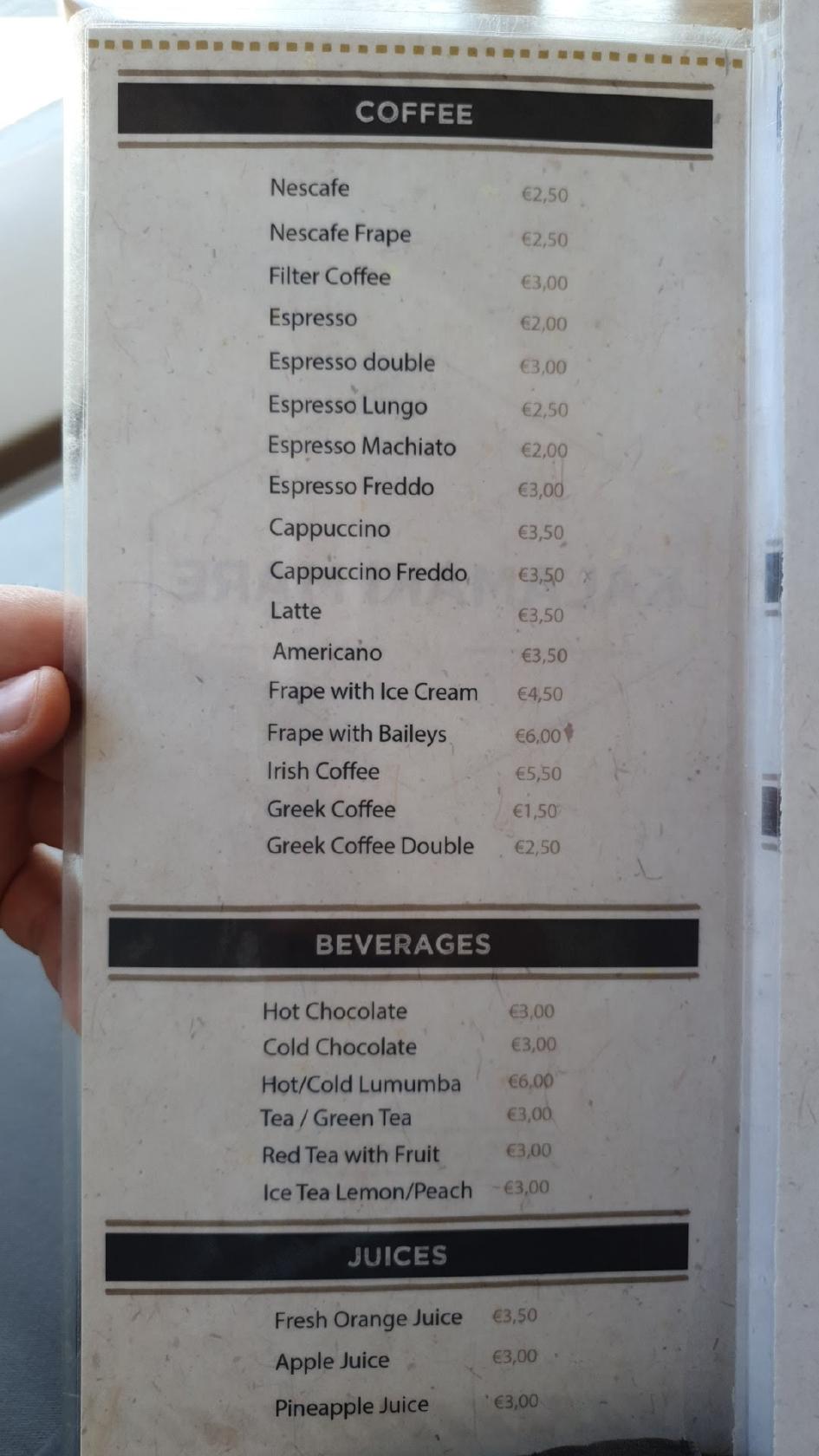 Menu at Kalamaki Mare Cafe, Galatas