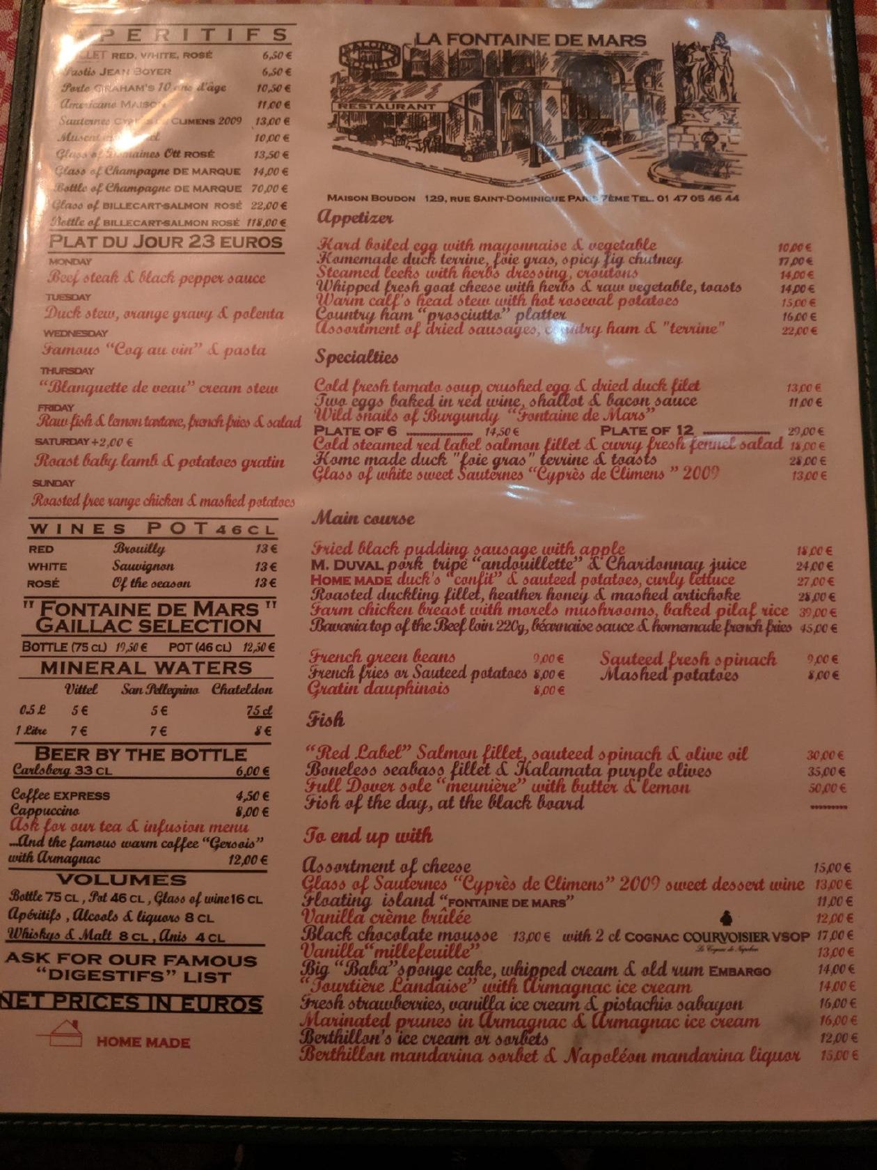 Menu au La Fontaine de Mars restaurant, Paris
