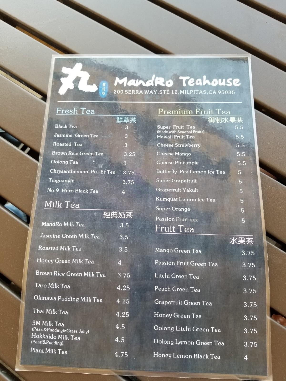 Menu at MandRo Teahouse restaurant, Milpitas