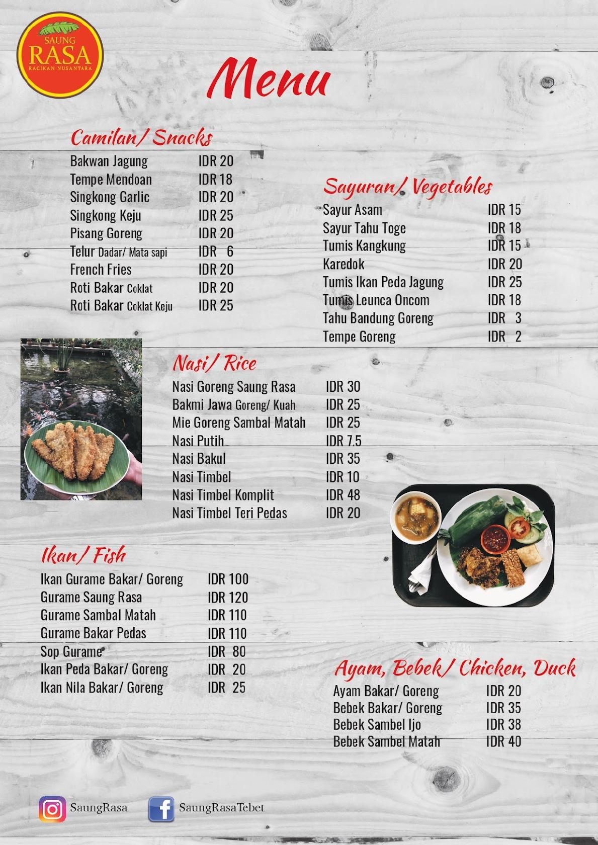 Menu at Saung Rasa Tebet restaurant, South Jakarta