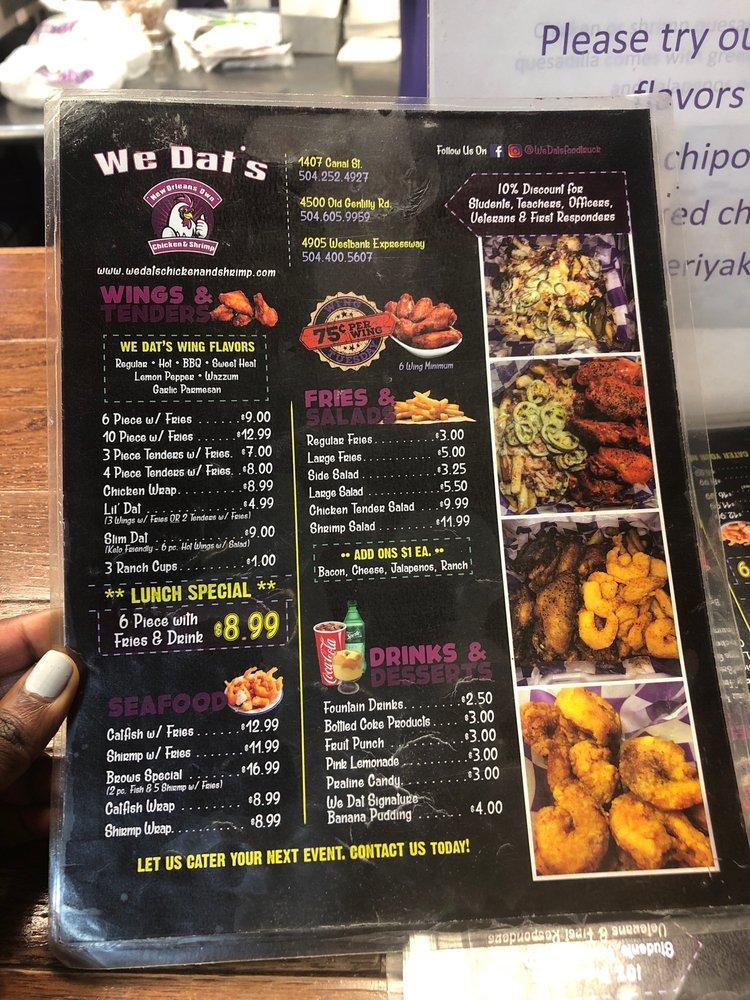 Menu at We Dat's restaurant, New Orleans, Canal St