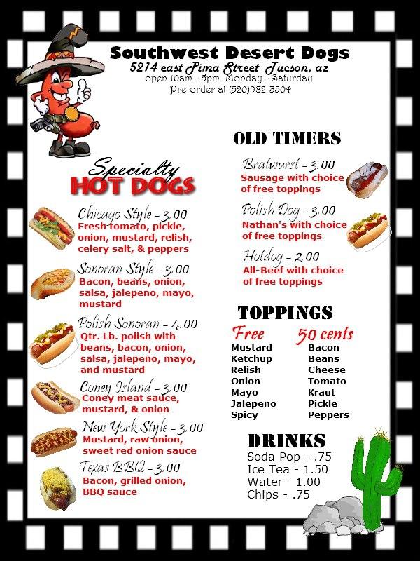 Menu at southwest desert dogs restaurant, Tucson