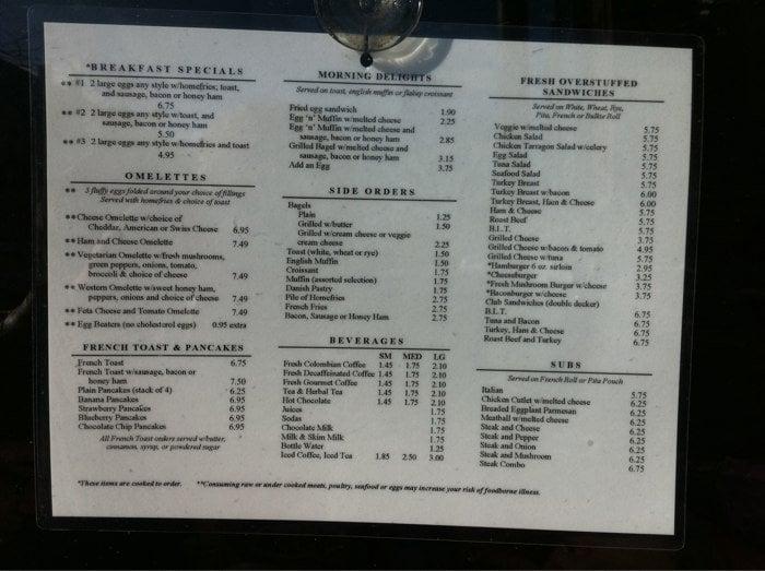 Menu at Anthony's Cafe, Boston