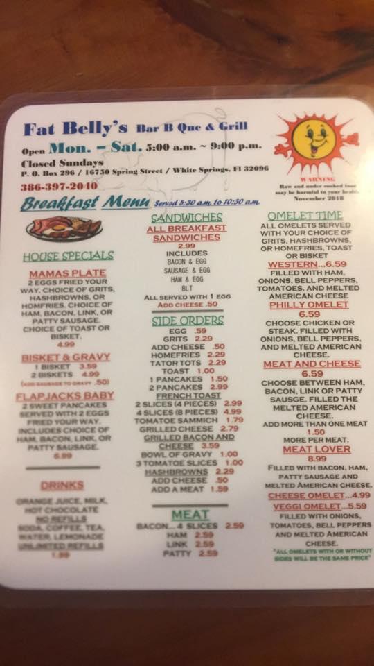 Menu at Fat Belly's BBQ, White Springs
