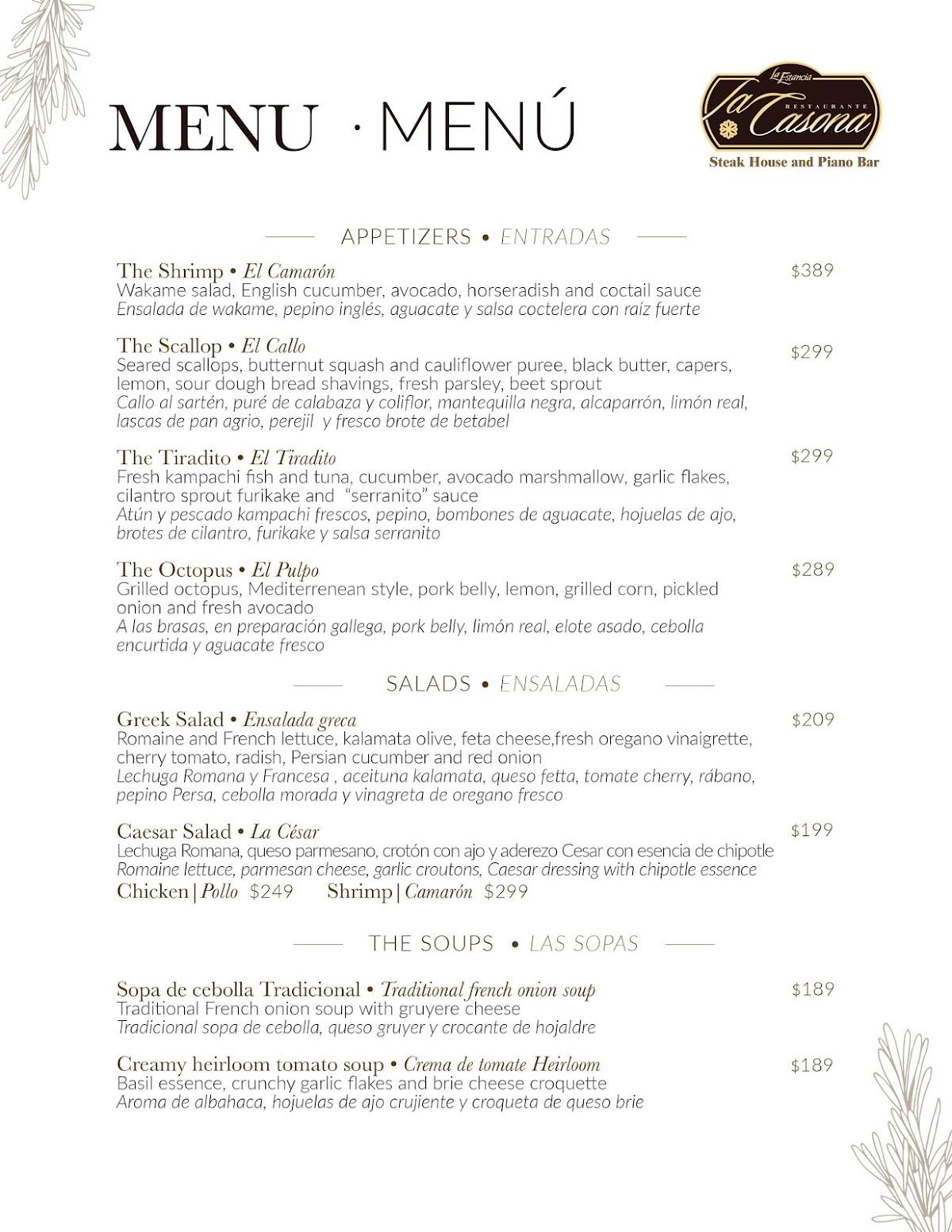 Menu at La Casona Restaurant, Nuevo Vallarta, Condominio Maestro