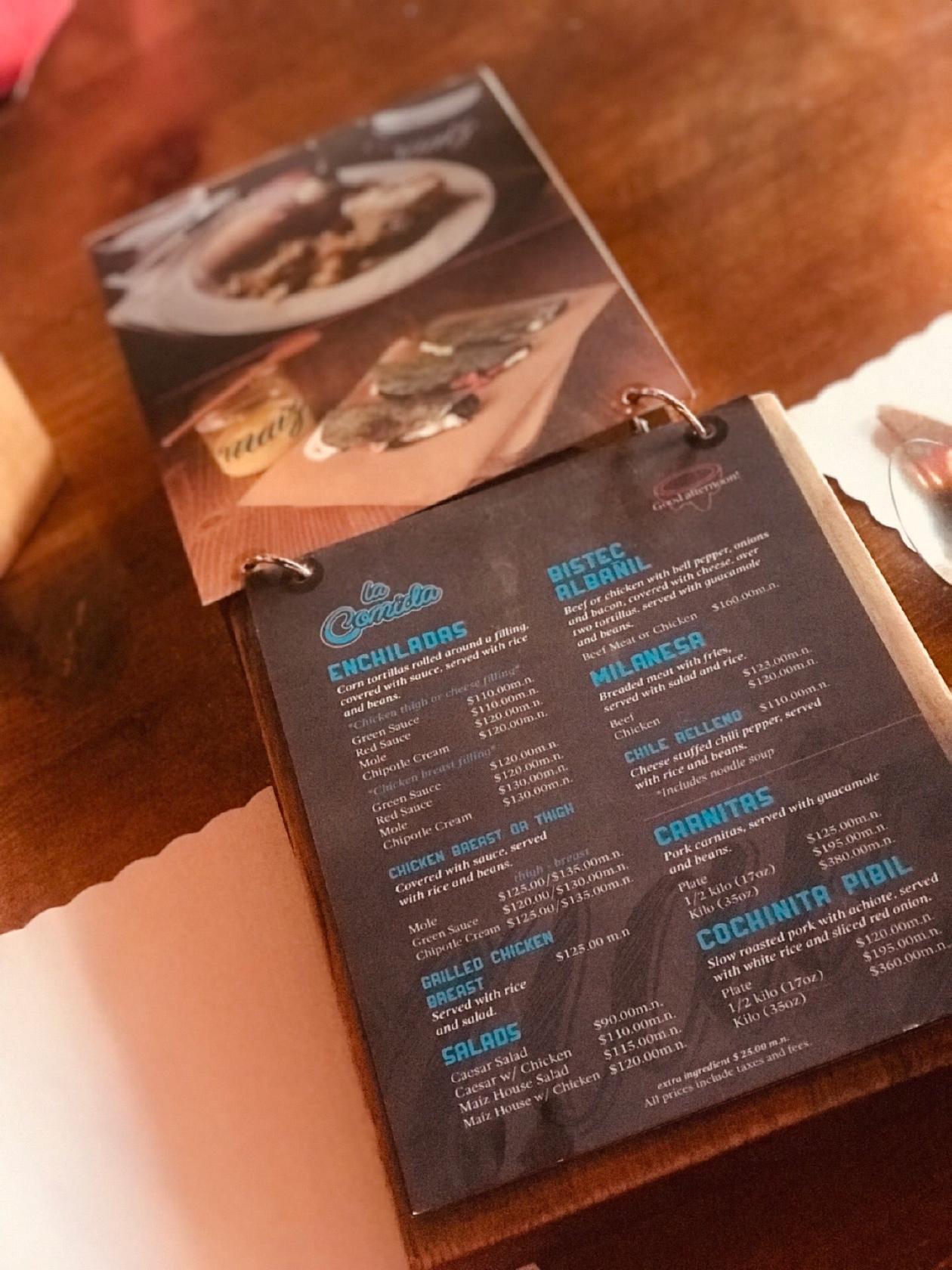 Menu at Maíz Restaurante, Tijuana
