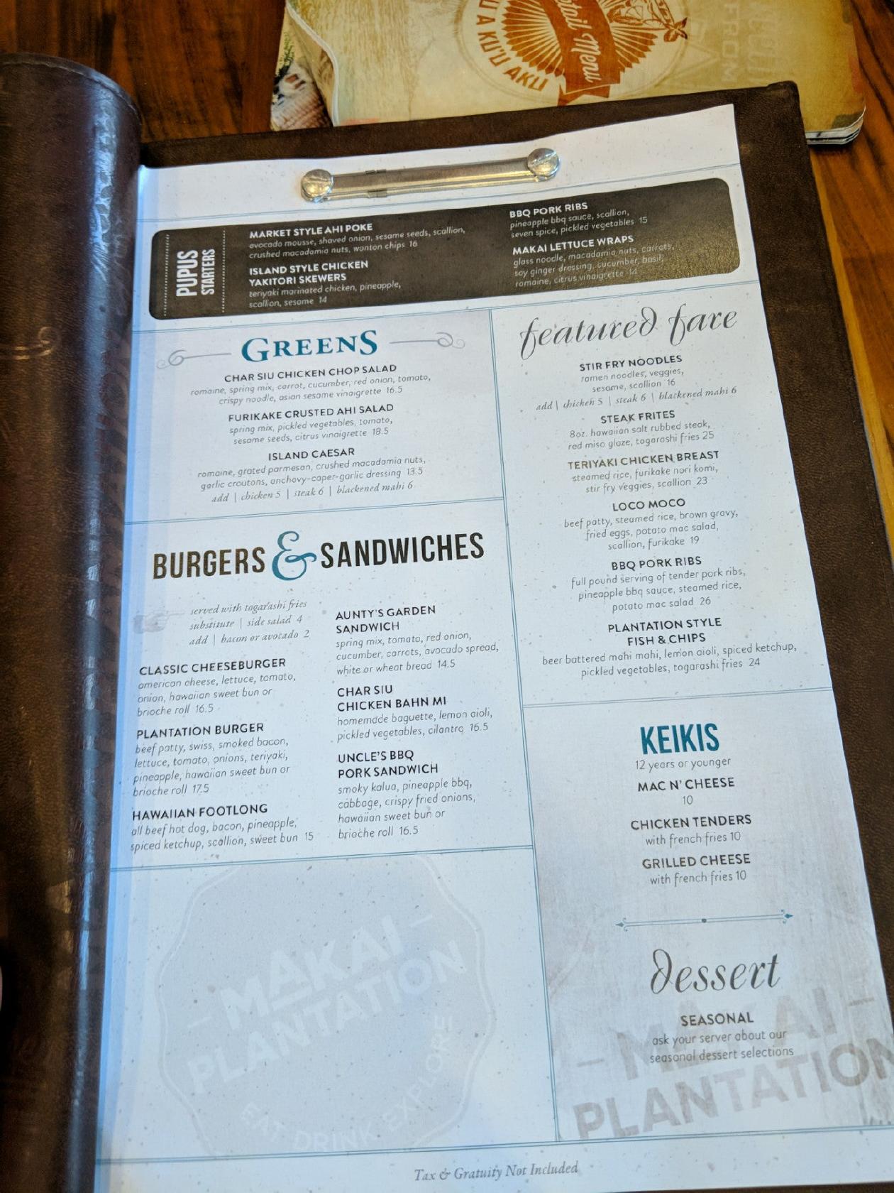 Menu at Makai Plantation restaurant, Honolulu, 300 Rodgers Blvd