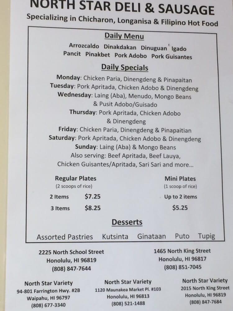 Menu at North Star Sausage restaurant, Waipahu