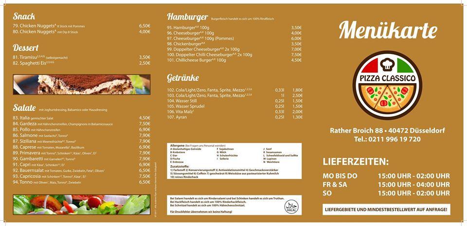 Speisekarte von Pizzeria Classico Düsseldorf, Düsseldorf