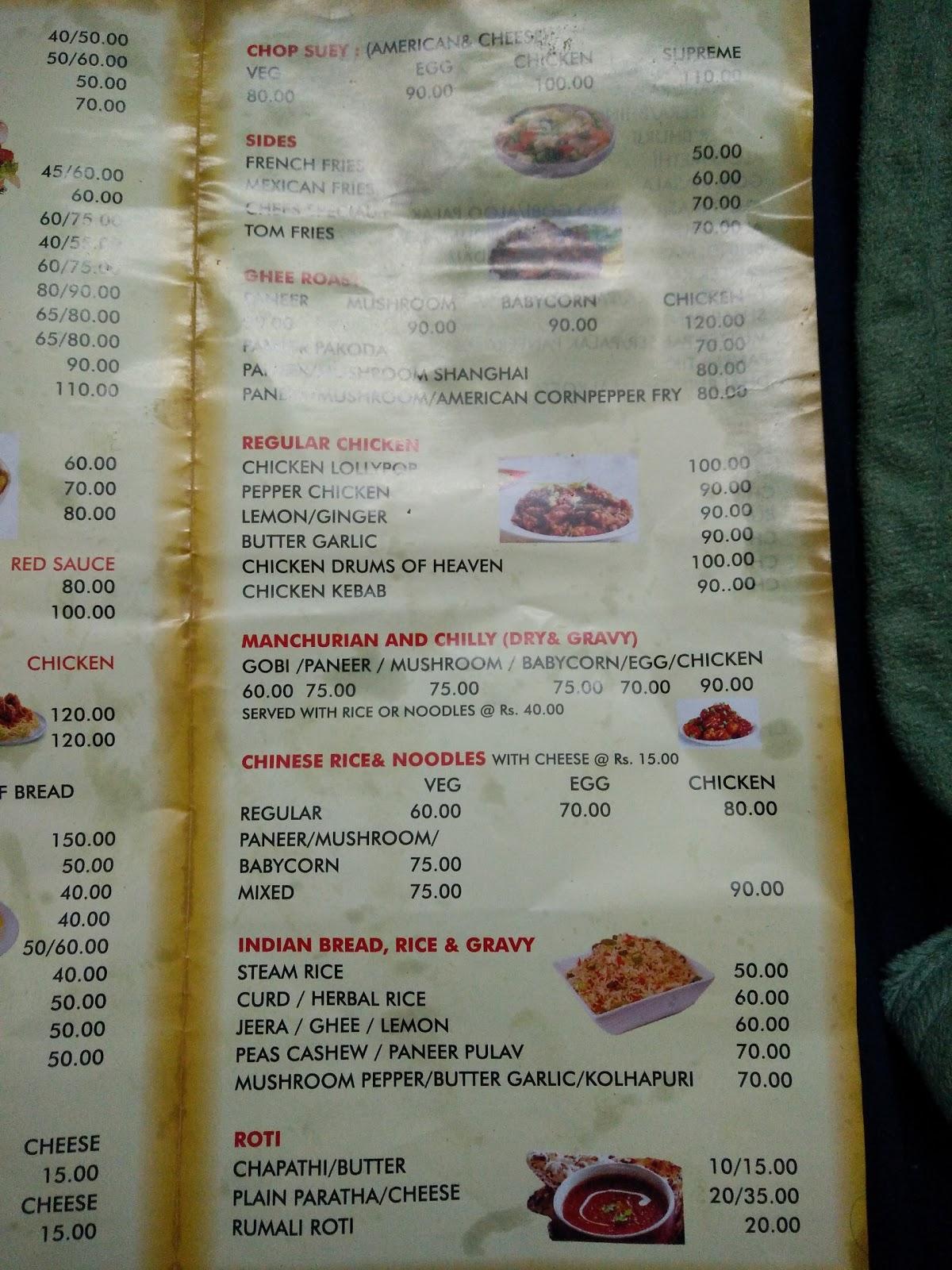 Menu at Poornima Canteen, Manipal