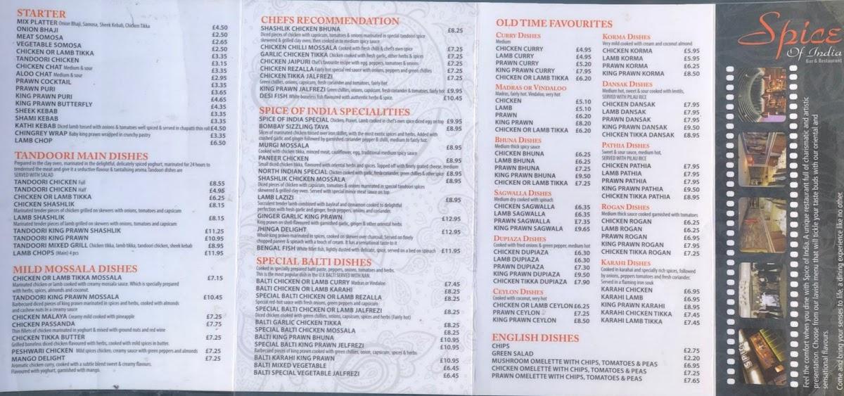 Menu at Spice of India restaurant, Upminster, Broadway