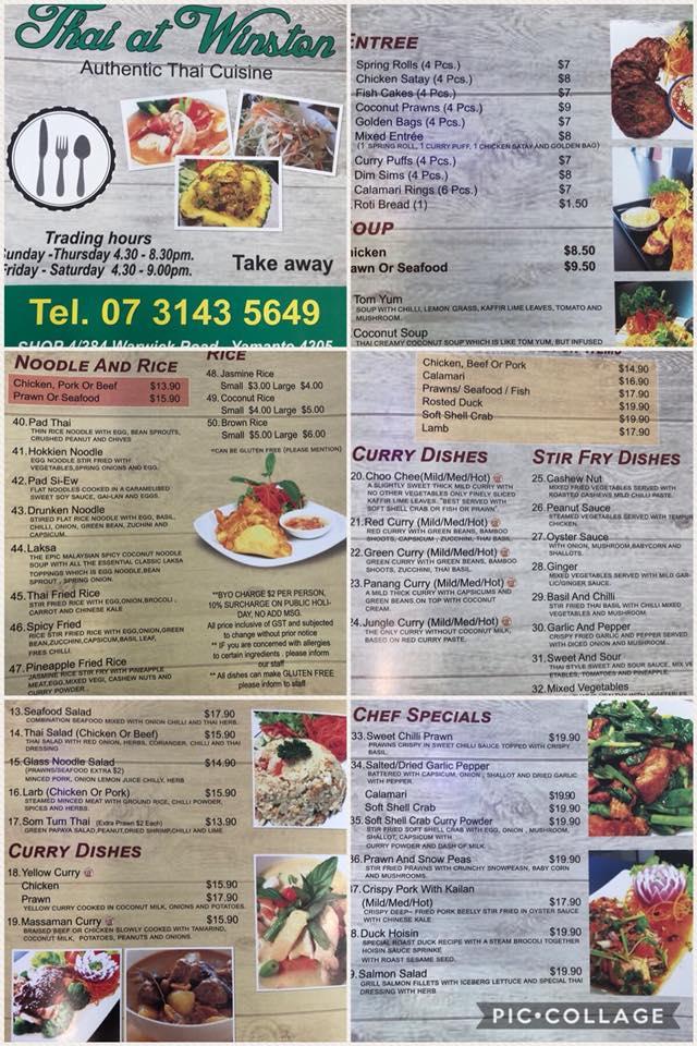 Menu at Thai at Winston restaurant, Yamanto
