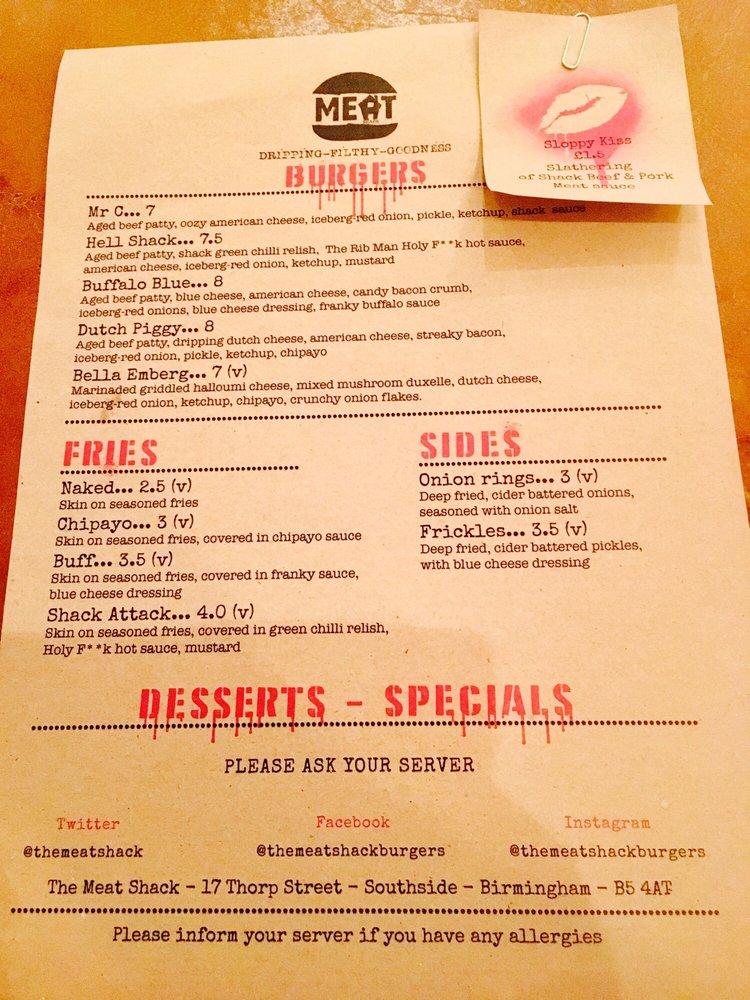 Menu at The Meat Shack restaurant, Birmingham