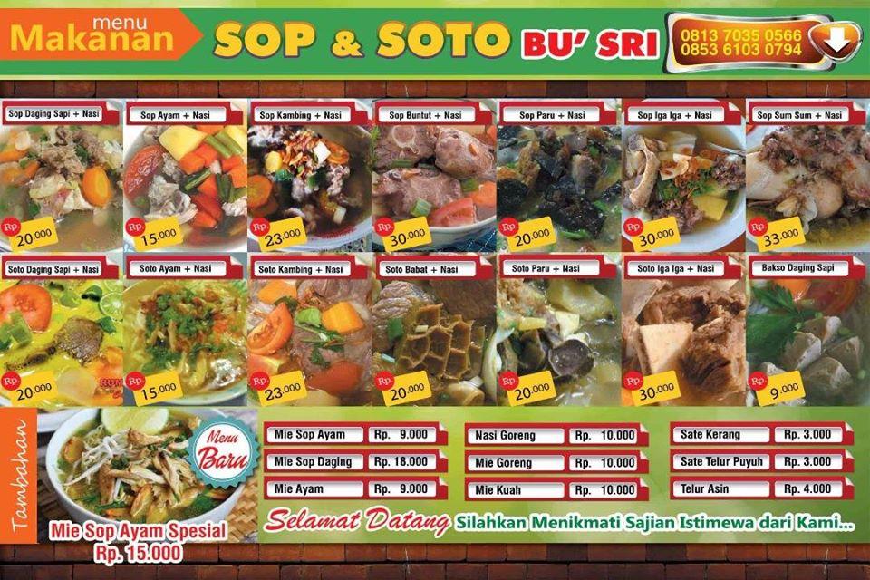 Menu at Sop & Soto Bu Sri restaurant, Medan