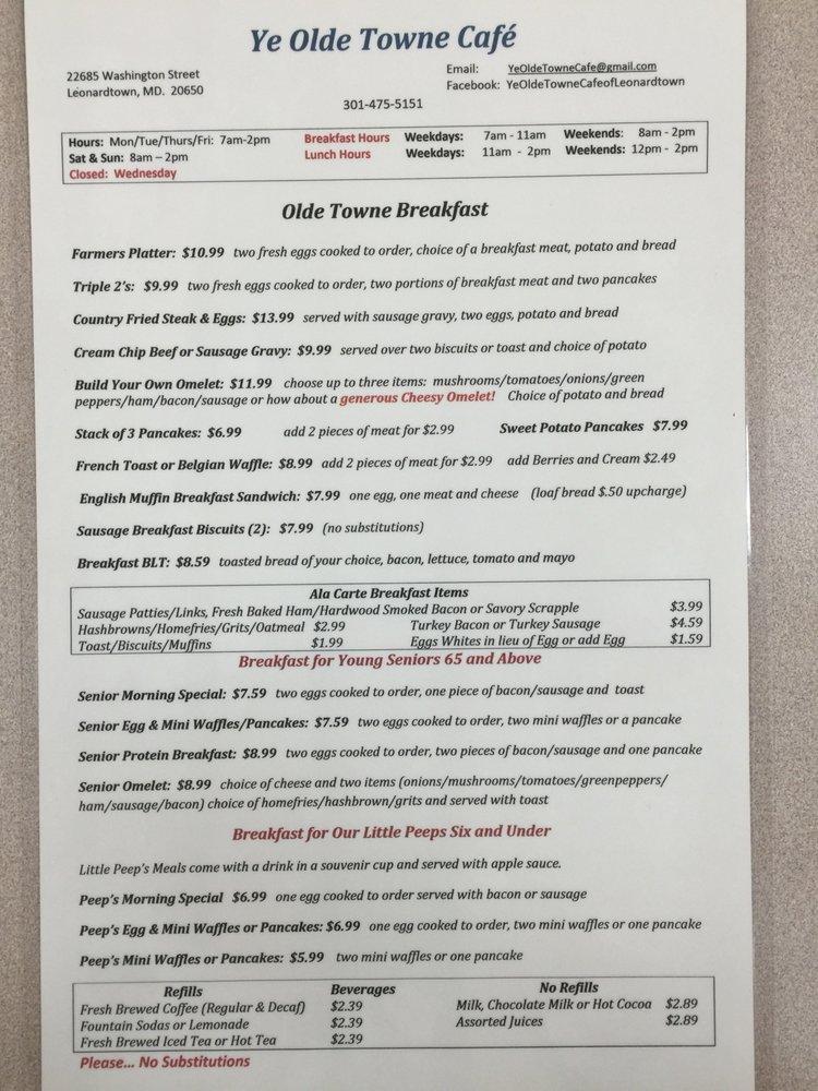 Menu at Ye Olde Towne Cafe, Leonardtown