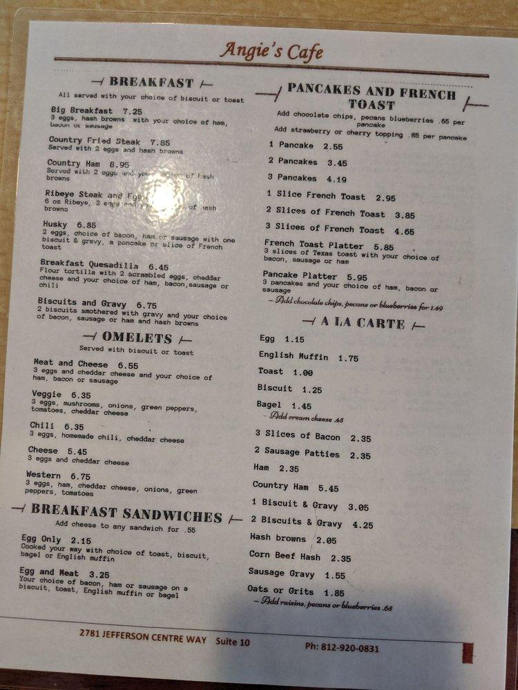 Menu at Angie’s Cafe, Jeffersonville