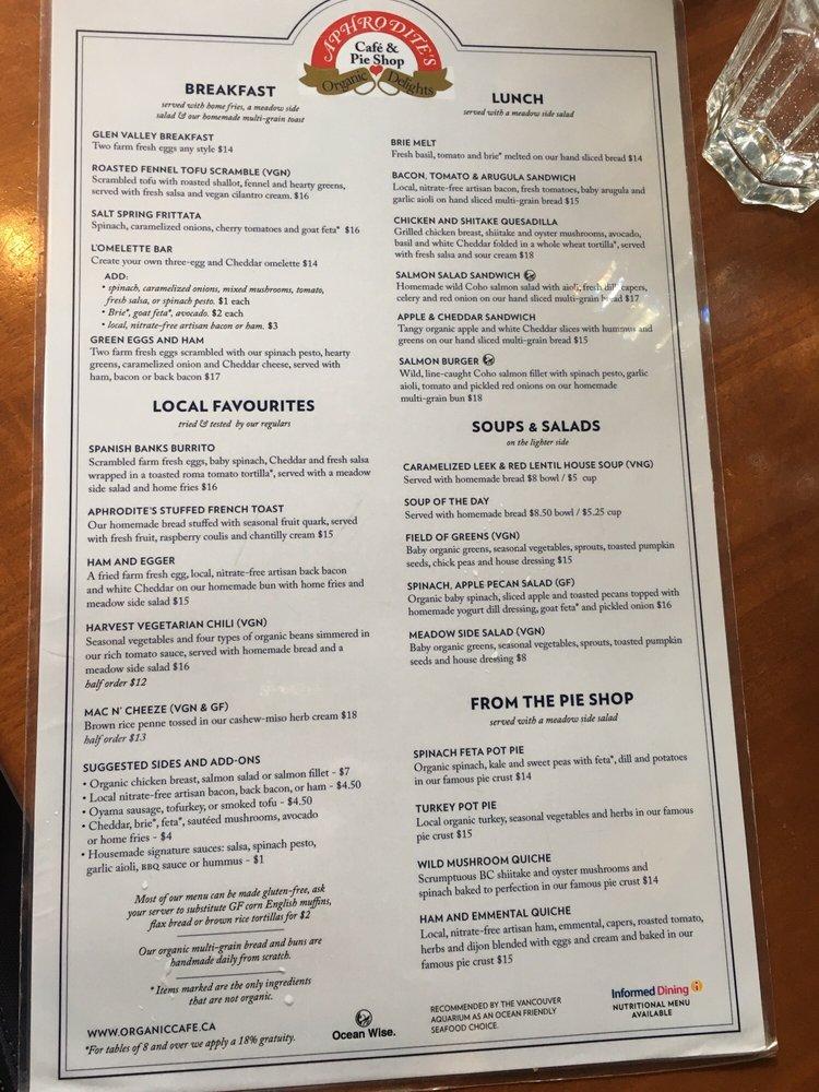 Menu at Aphrodite's Organic Cafe, Vancouver, W 4th Ave