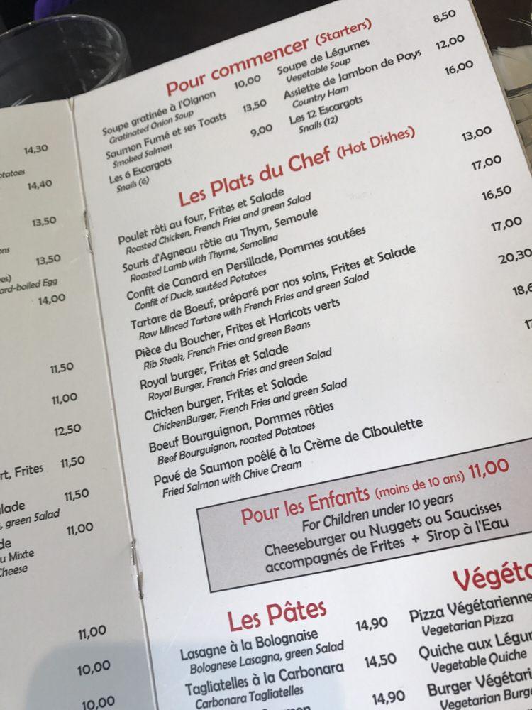 Menu at Cafe Palais Royal, Paris