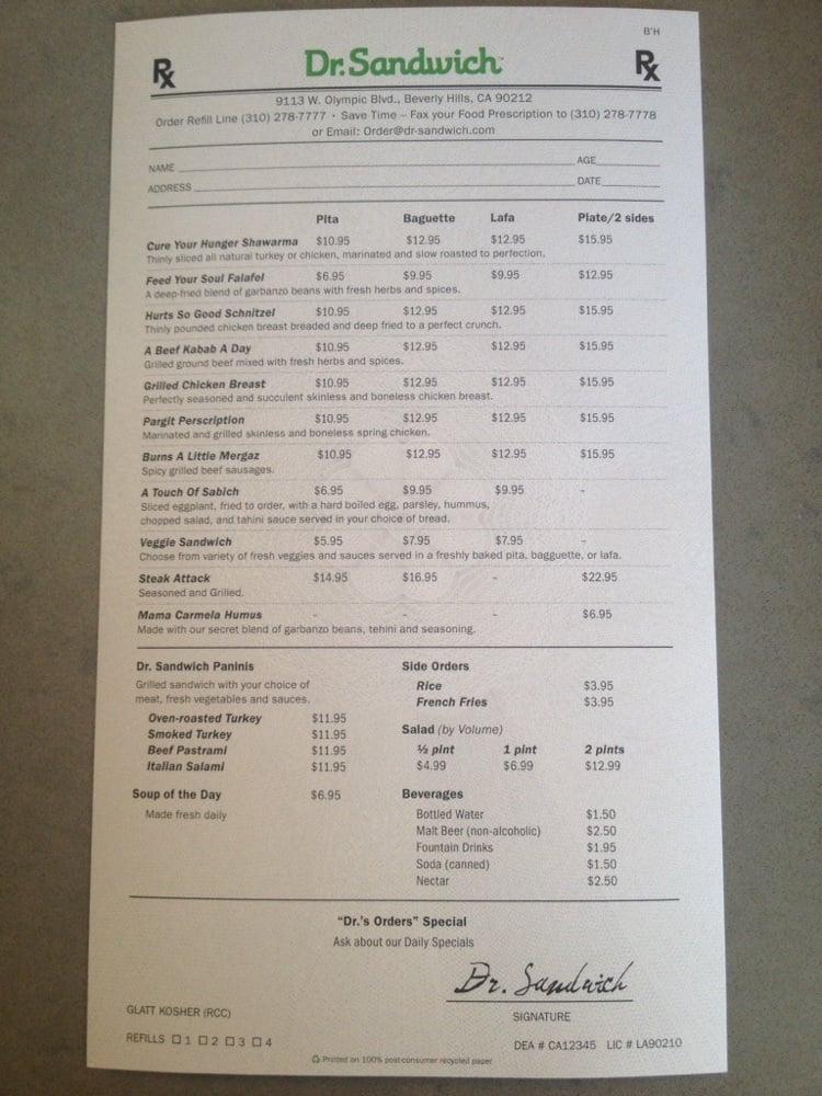 Menu at Dr. Sandwich - Olympic Blvd. restaurant, Beverly Hills