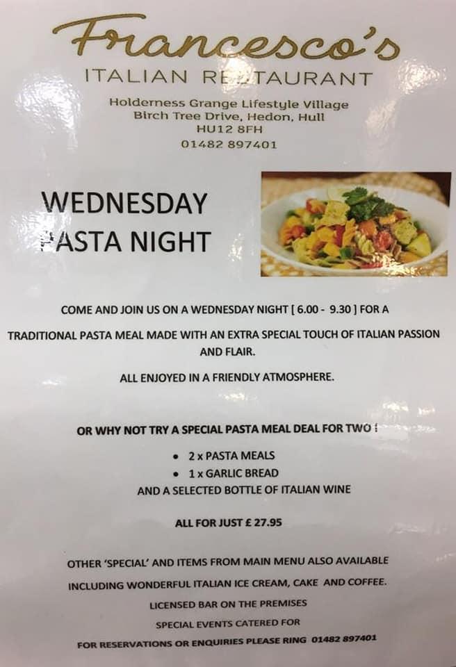 Menu at Francesco's restaurant, Hull
