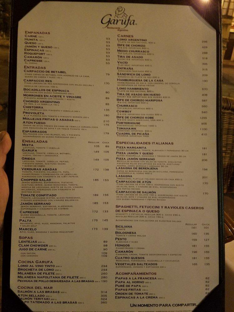 Menu at Garufa steakhouse, Zacatecas, Jardín Juárez 135